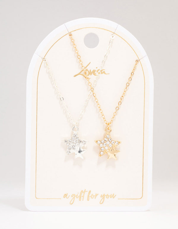 Gold & Silver Double Star Diamante Pendant Necklace Pack - Lovisa