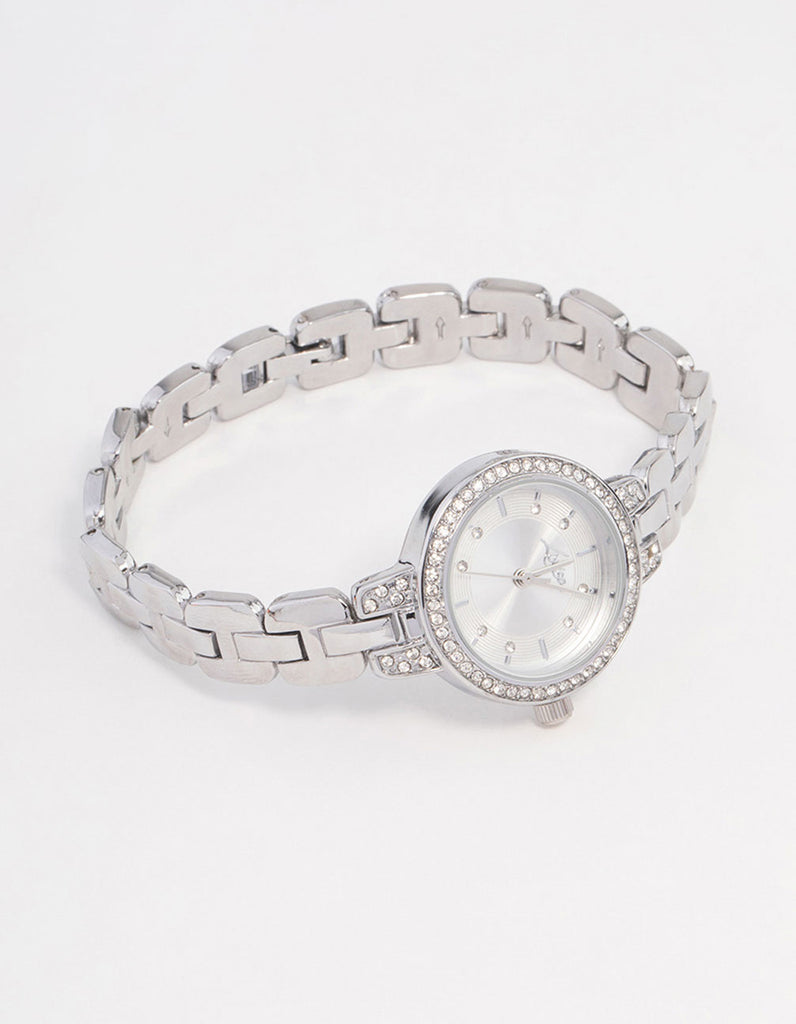 Small Silver Diamante Round Strap Watch - Lovisa