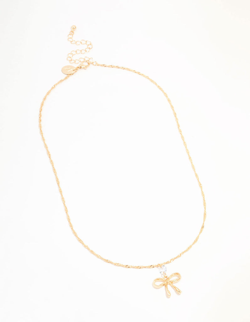 Gold Twisted Diamante Bow Chain Necklace - Lovisa