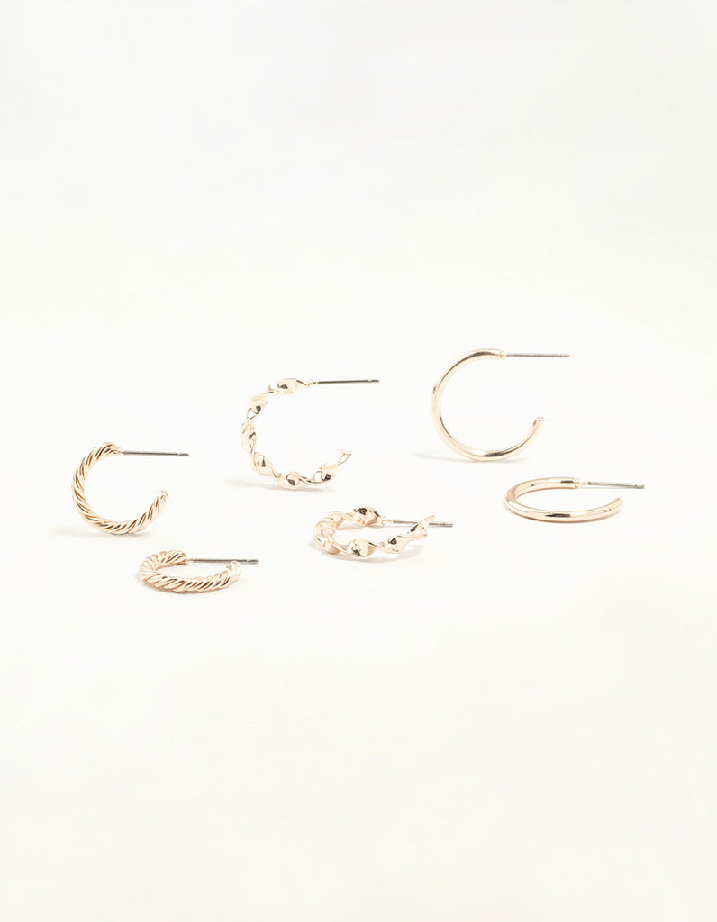 Rose Gold Twisted & Clean Hoop Earrings 3-Pack - Lovisa