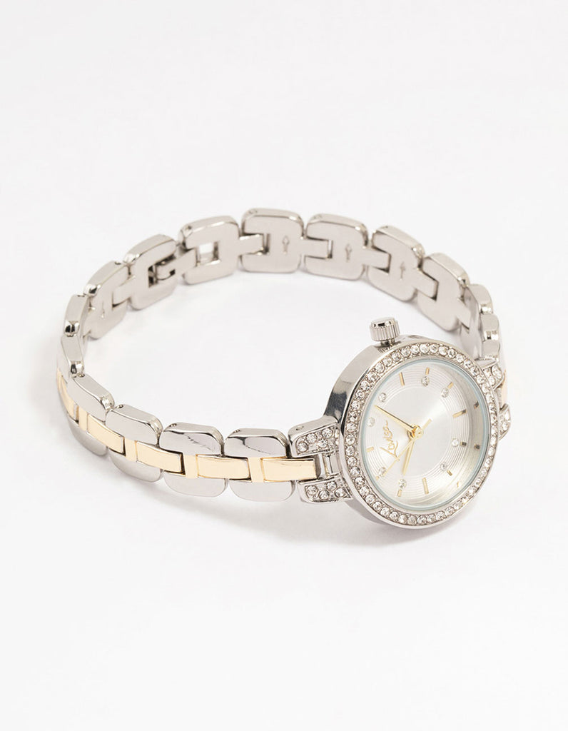 Mixed Metals Diamante Small Round Watch - Lovisa