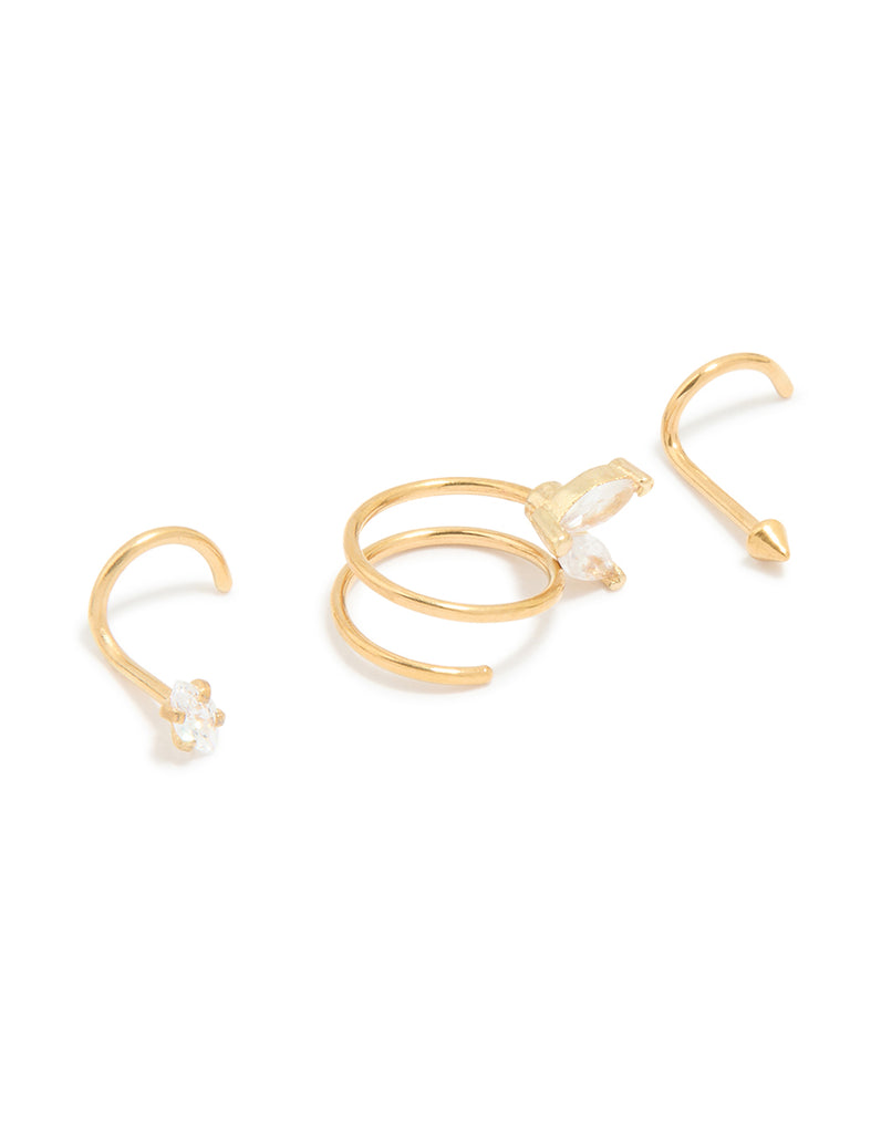 Gold Plated Surgical Steel Cubic Zirconia Nose Hook Studs & Nose Ring ...
