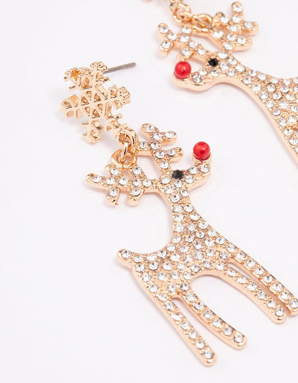 Gold Diamante Red Nosed Reindeer Drop Earrings - Lovisa