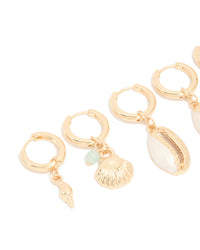 Gold Beaded & Shell Motif Huggie Earrings 3-Pack - Lovisa
