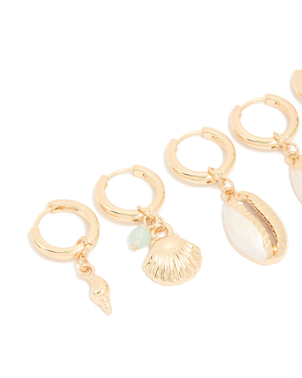 Gold Beaded & Shell Motif Huggie Earrings 3-Pack - Lovisa
