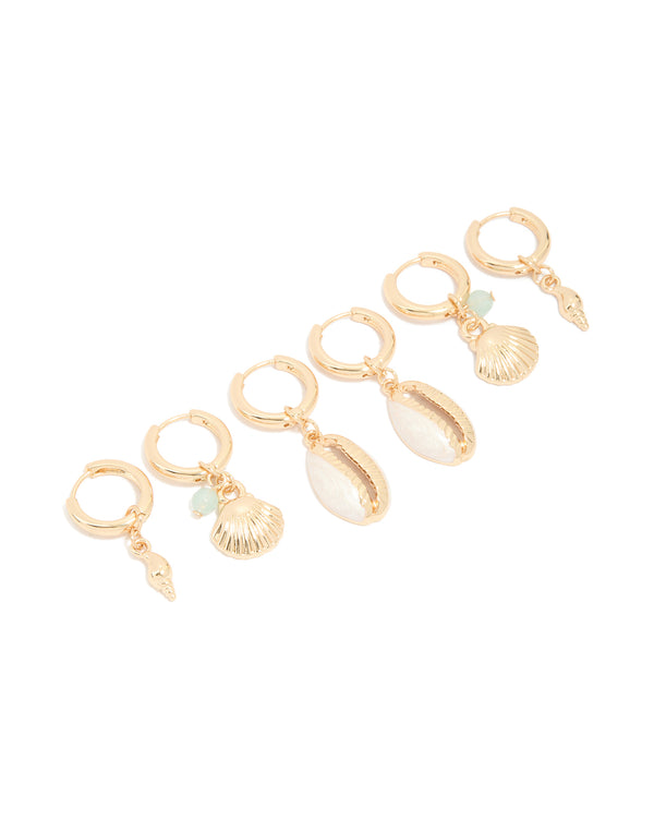 Gold Beaded & Shell Motif Huggie Earrings 3-Pack - Lovisa